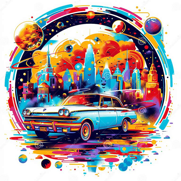 Psychedelic Urban Car Illustration with Surreal Elements Stock ...
