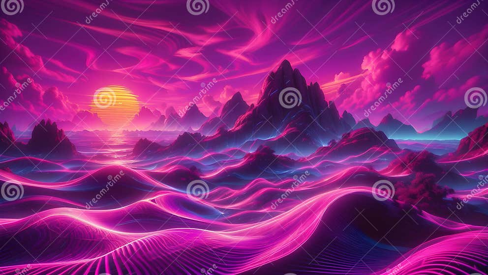 Synthwave Sunset with Orange Sun and Purple Wave Hills Mountains and ...