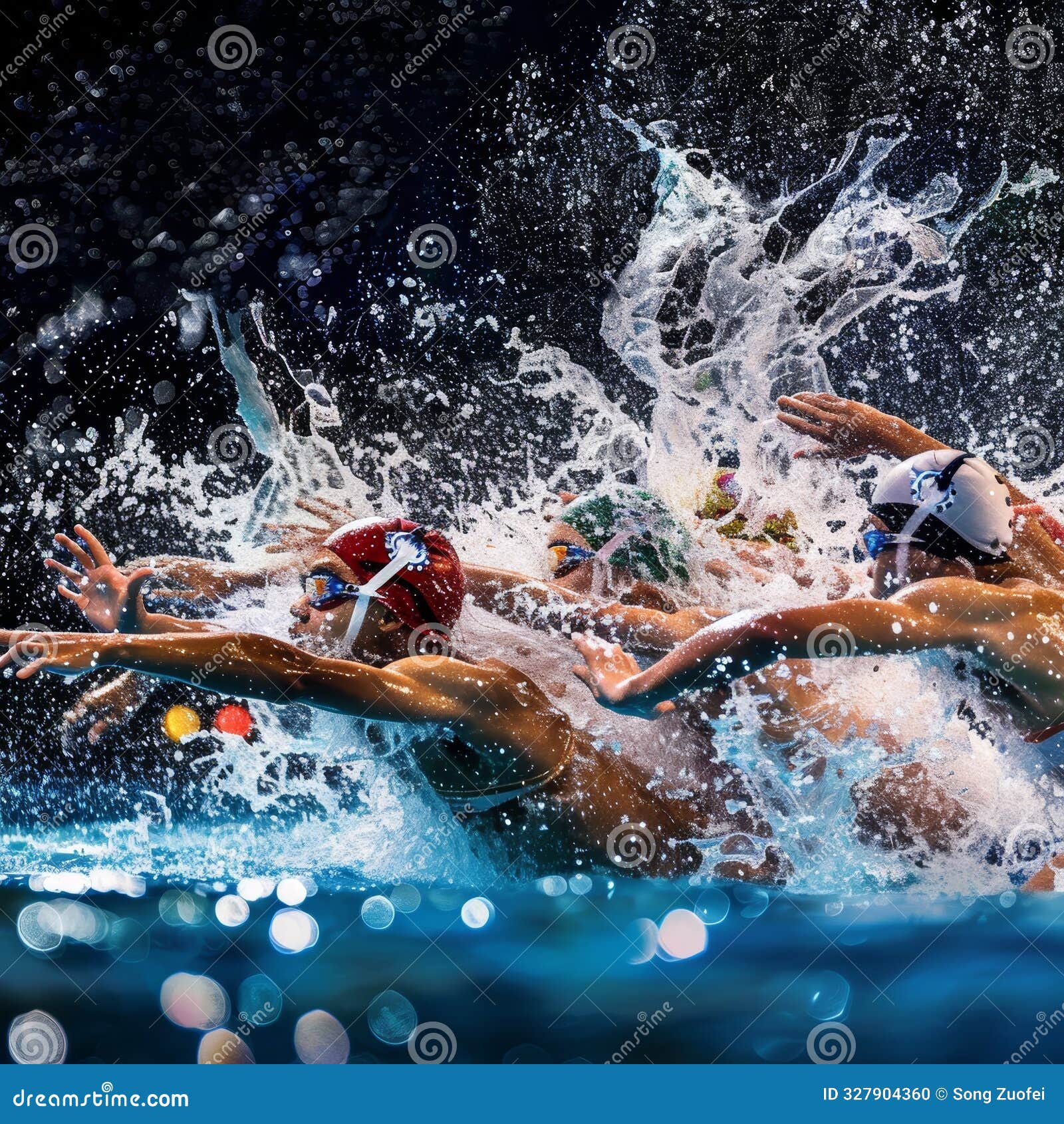 Dynamic Action Shot of Chinese Swimmers in Synchronized Performance ...