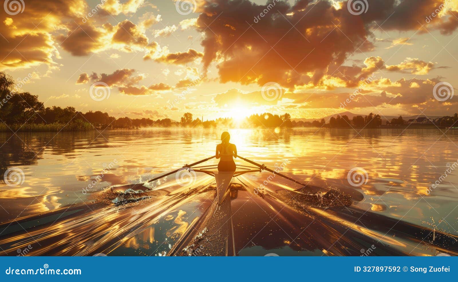 Dynamic Female Athlete Rowing Solo at Sunset in Germany Stock ...