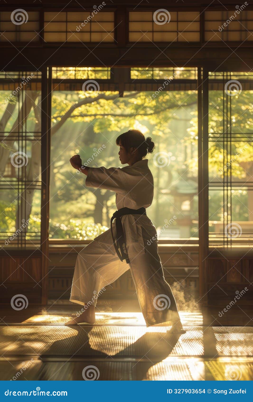 Elegant Female Karateka Practicing Kata in a Serene Dojo Stock ...