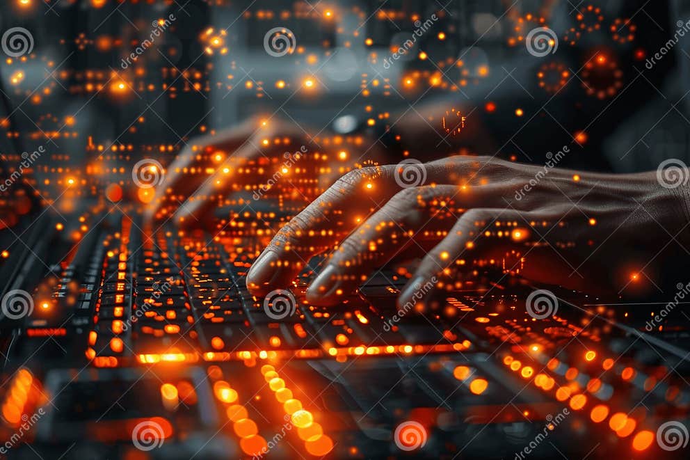 Close-Up of Hands Typing on Laptop with Binary Code and Programming Language Stock Illustration ...