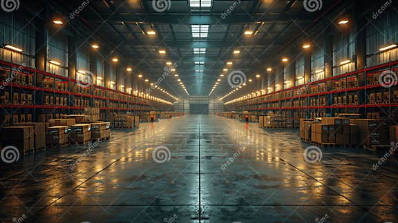 Warehouse Advertisement with Boxes on Pallets at Night Stock ...