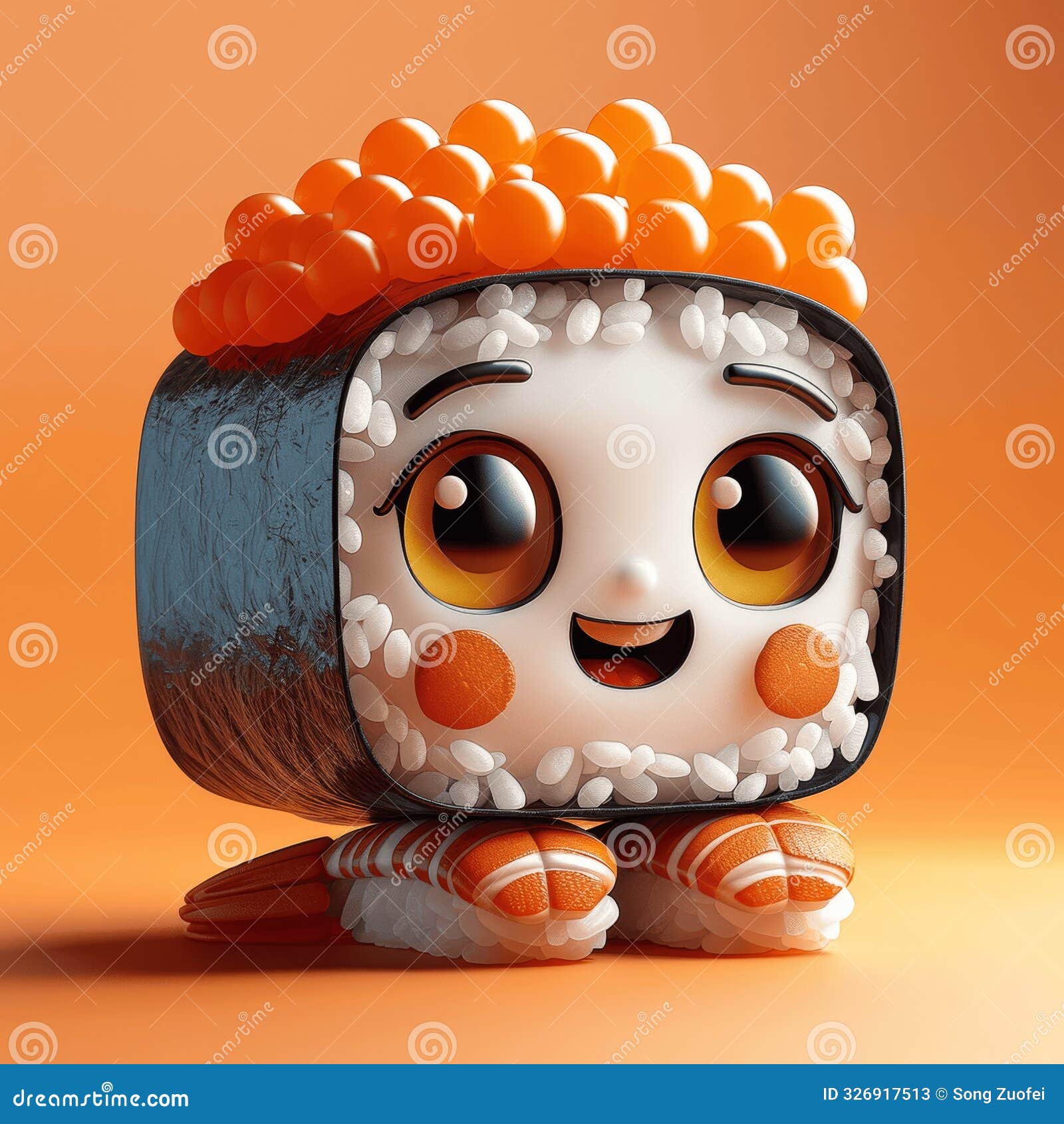 Adorable Cute Sushi Cartoon Character with Big Eyes on Orange ...