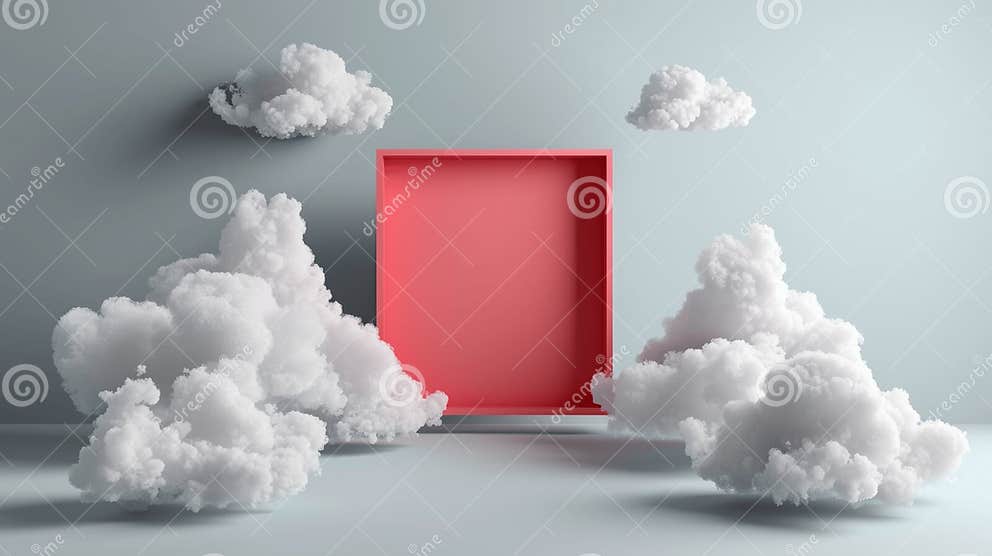 3D Render Red Rectangle Mockup with White Clouds on Grey Background ...
