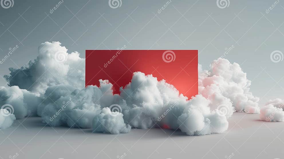 Minimalistic Red Rectangle Mockup with Flying Clouds on Grey Background ...