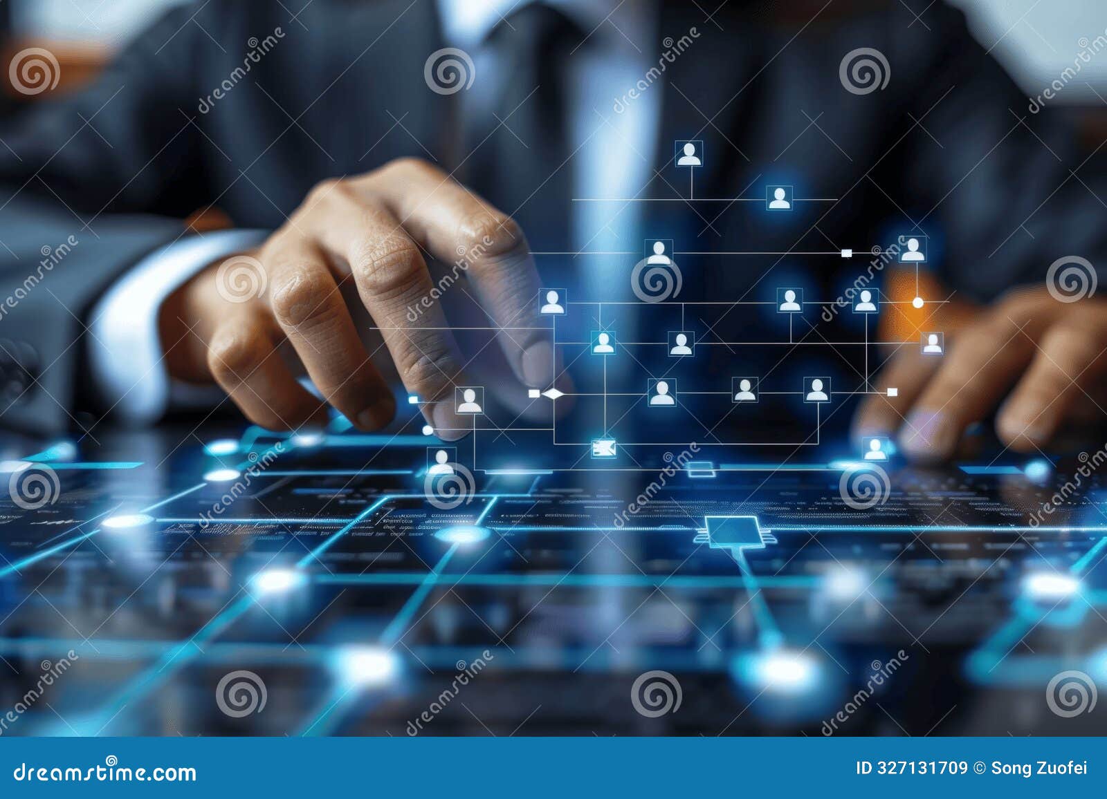 Businessman Interacting with Digital Organization Chart in Office Stock ...