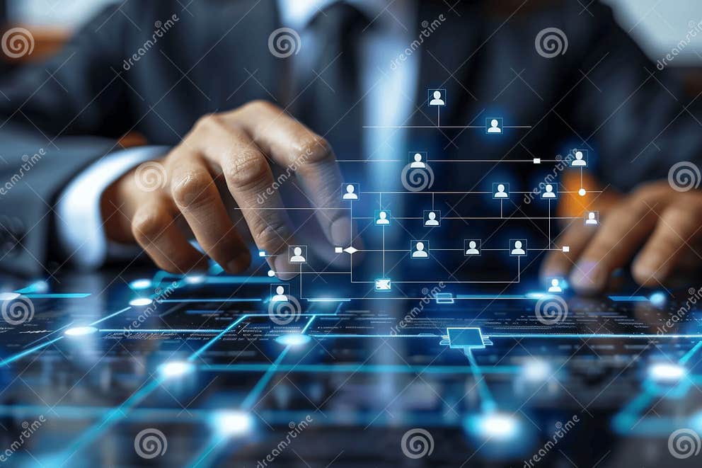 Businessman Interacting with Digital Organization Chart in Office Stock ...