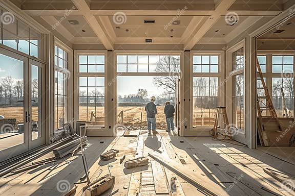 Construction Workers Installing Doors and Windows in a Modern Elegant ...