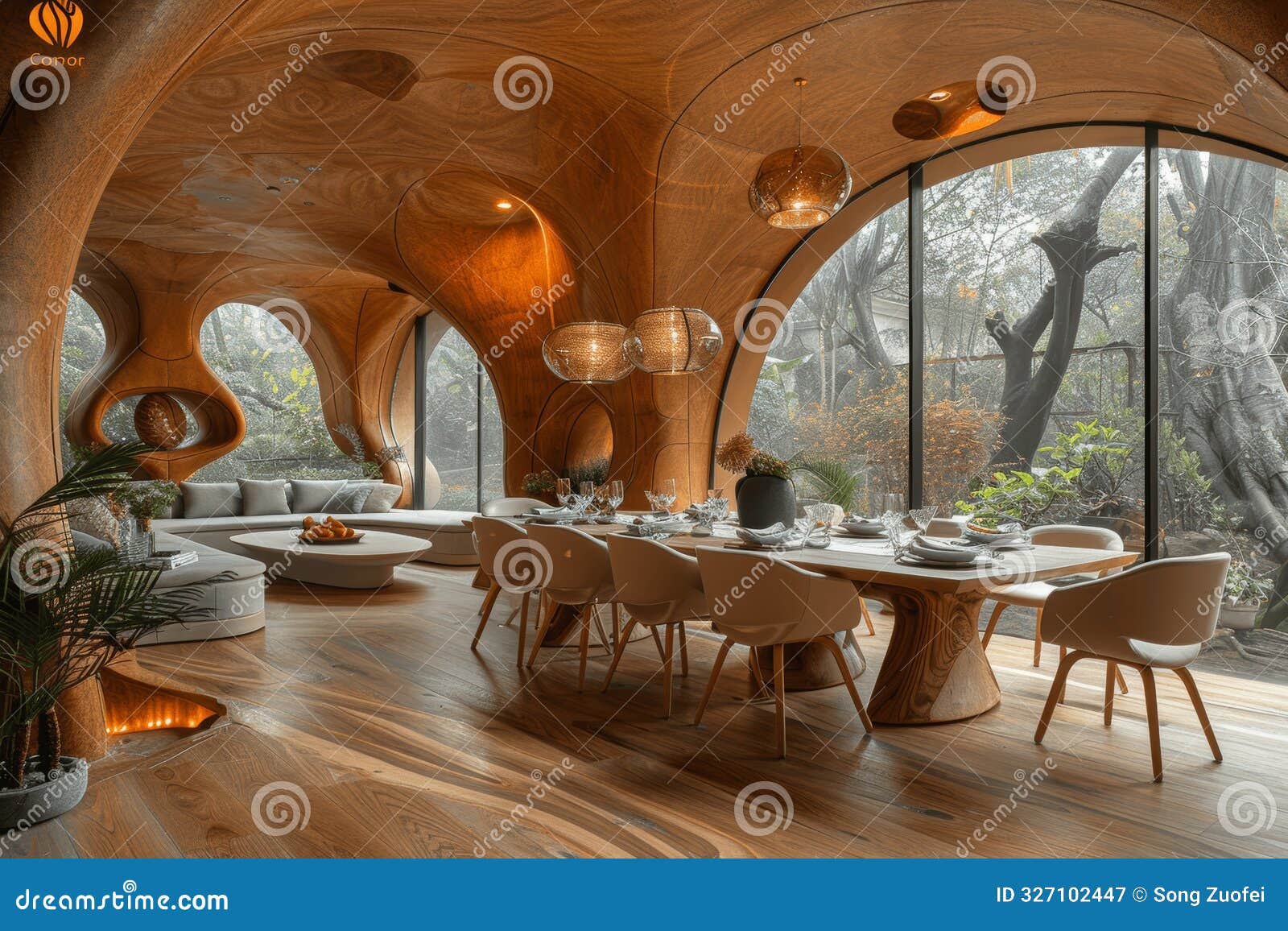 Parametric Dining Room with Curved Wooden Elements and Modern Lighting ...