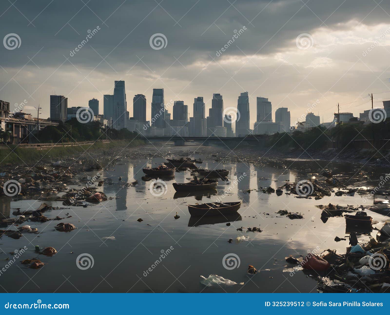 Ugly City River with Bridge and a Lot of Garbage and Pollution Stock ...