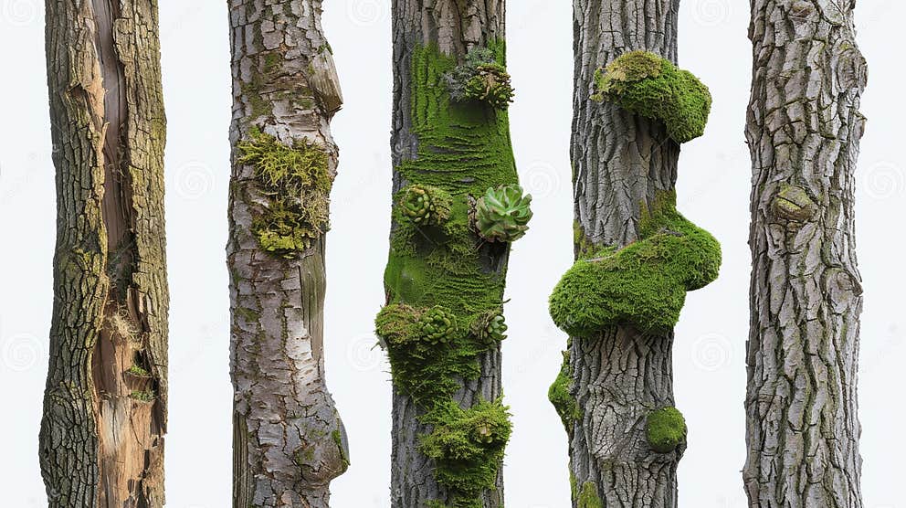 Set of Moss-Covered Tree Trunks on White Background Stock Illustration ...