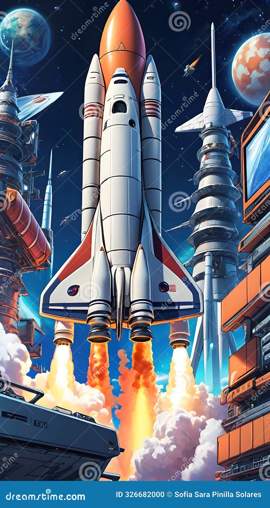 Manga Style Shuttle or Rocket Launch Pad with Computers Stock ...
