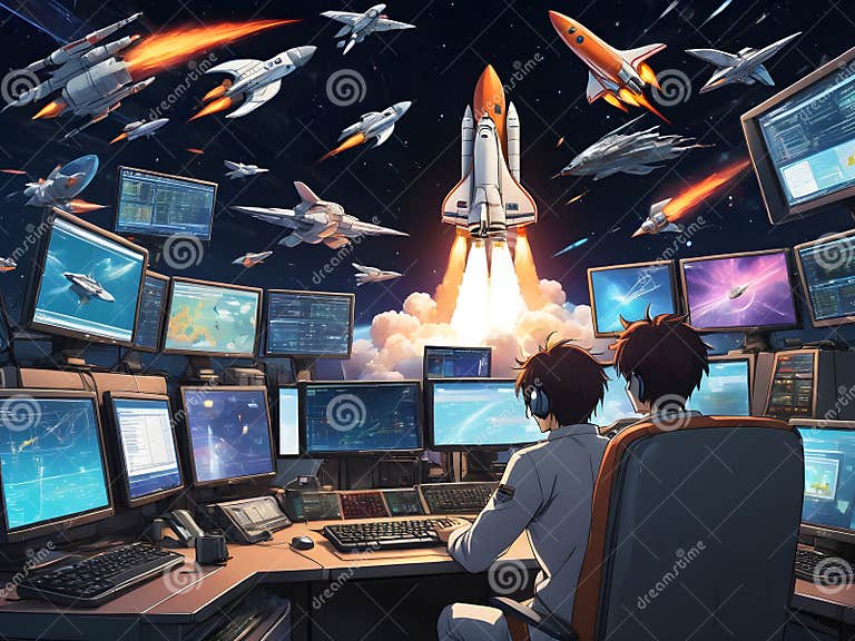 Manga Style Shuttle or Rocket Launch Pad with Computers Stock ...