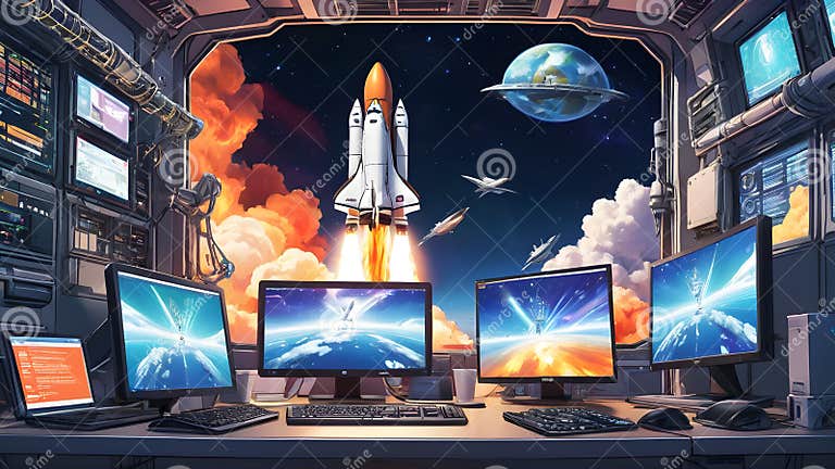 Manga Style Shuttle or Rocket Launch Pad with Computers Stock ...