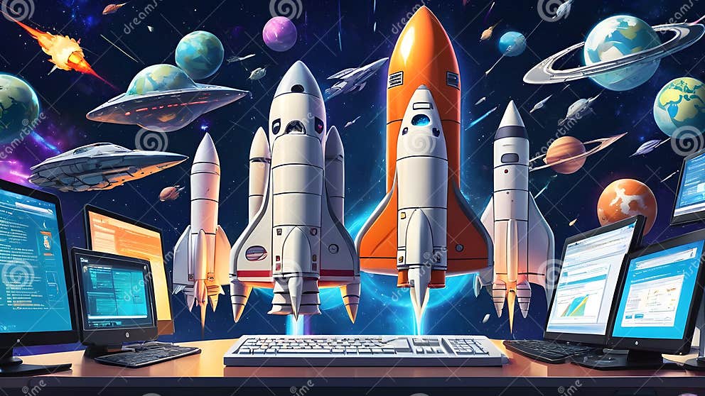 Manga Style Shuttle or Rocket Launch Pad with Computers Stock ...