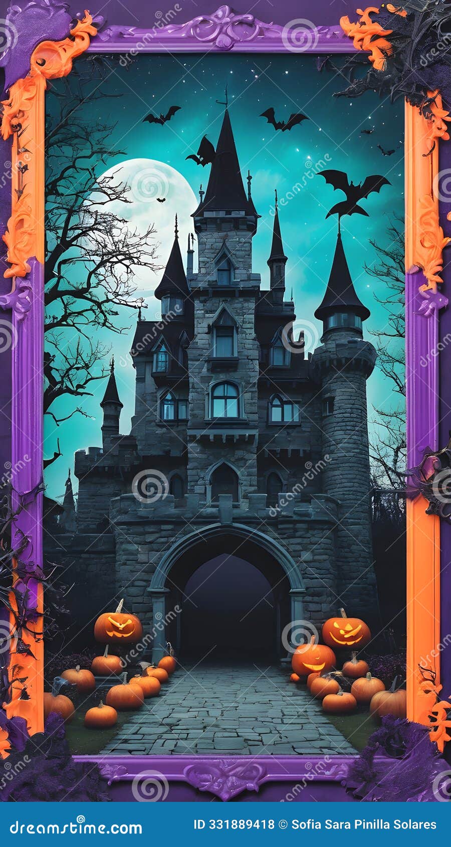 Spooky Halloween Castle Surrounded by Pumpkins and Bats Stock ...