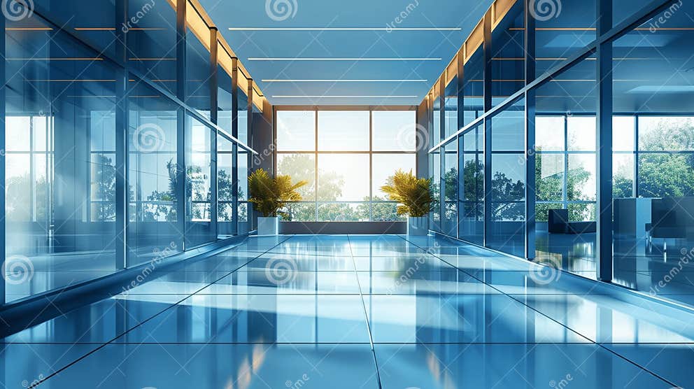 Abstract Blue Modern Office with Glass Windows and Workspace Stock ...