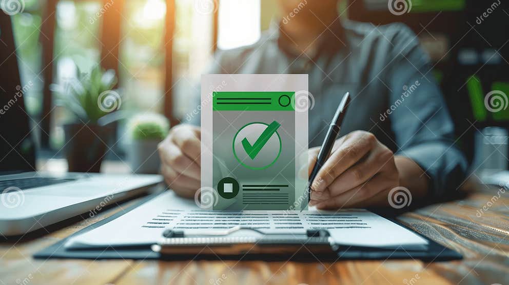 Digital Green Check Mark on Document with Pen and Mobile App Icons ...