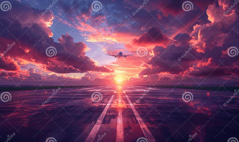 Dramatic Sunset Over an Empty Airport Runway with Deep Purple and ...
