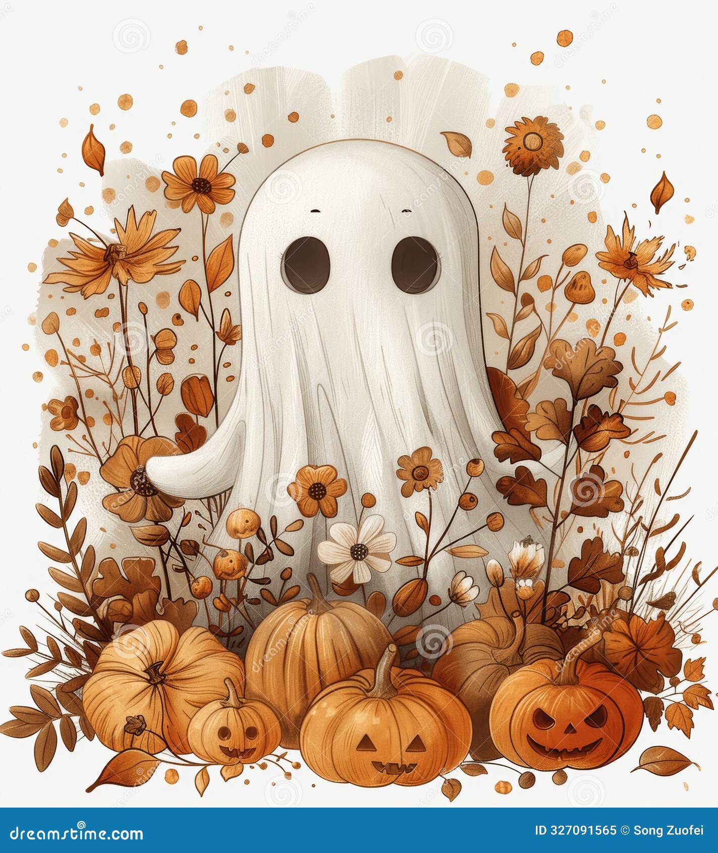 Vintage Cute Ghost with Flowers and Pumpkins in Sepia and Pastel Tones ...
