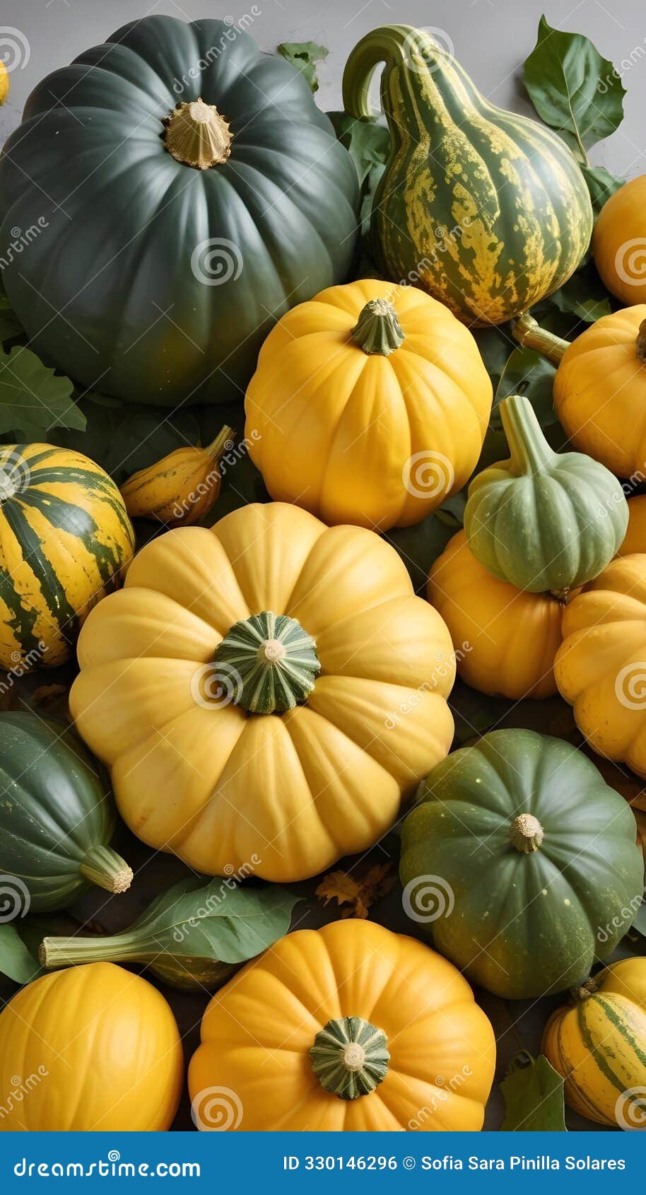Assorted Squash and Gourds on Rustic Surface with Autumn Leaves Stock ...