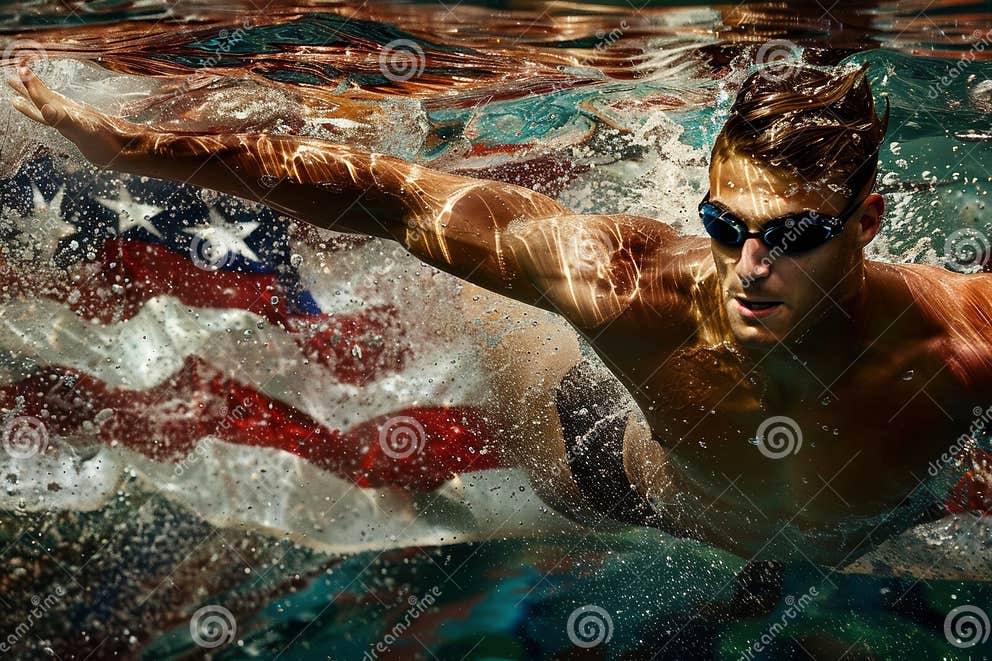 Dynamic U.S. Swimmer Breaking through Water in Olympic Spotlight Stock ...