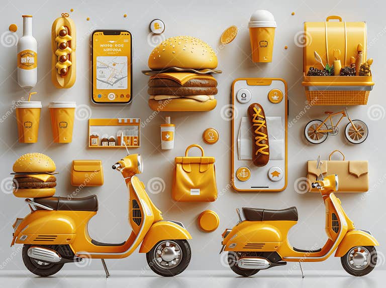 3D Fast Food Delivery Elements with Mobile App Interface Stock ...