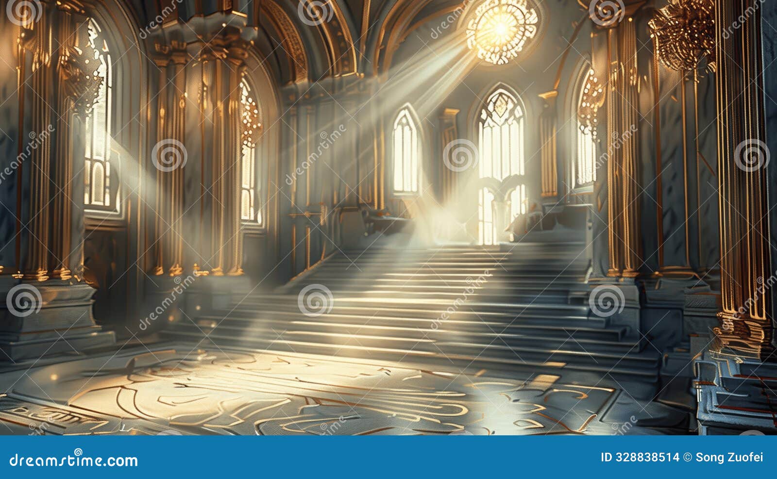 Gothic Castle Hall Interior with Golden Accents and Marble Details ...