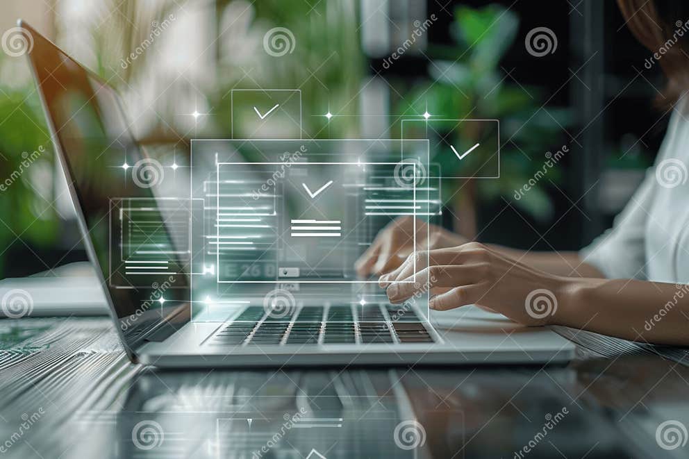 Businesswoman Using Laptop with Virtual Document Icon on Transparent ...