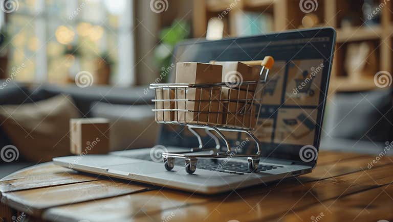 Online Shopping Concept with Carts and Laptops Stock Illustration ...