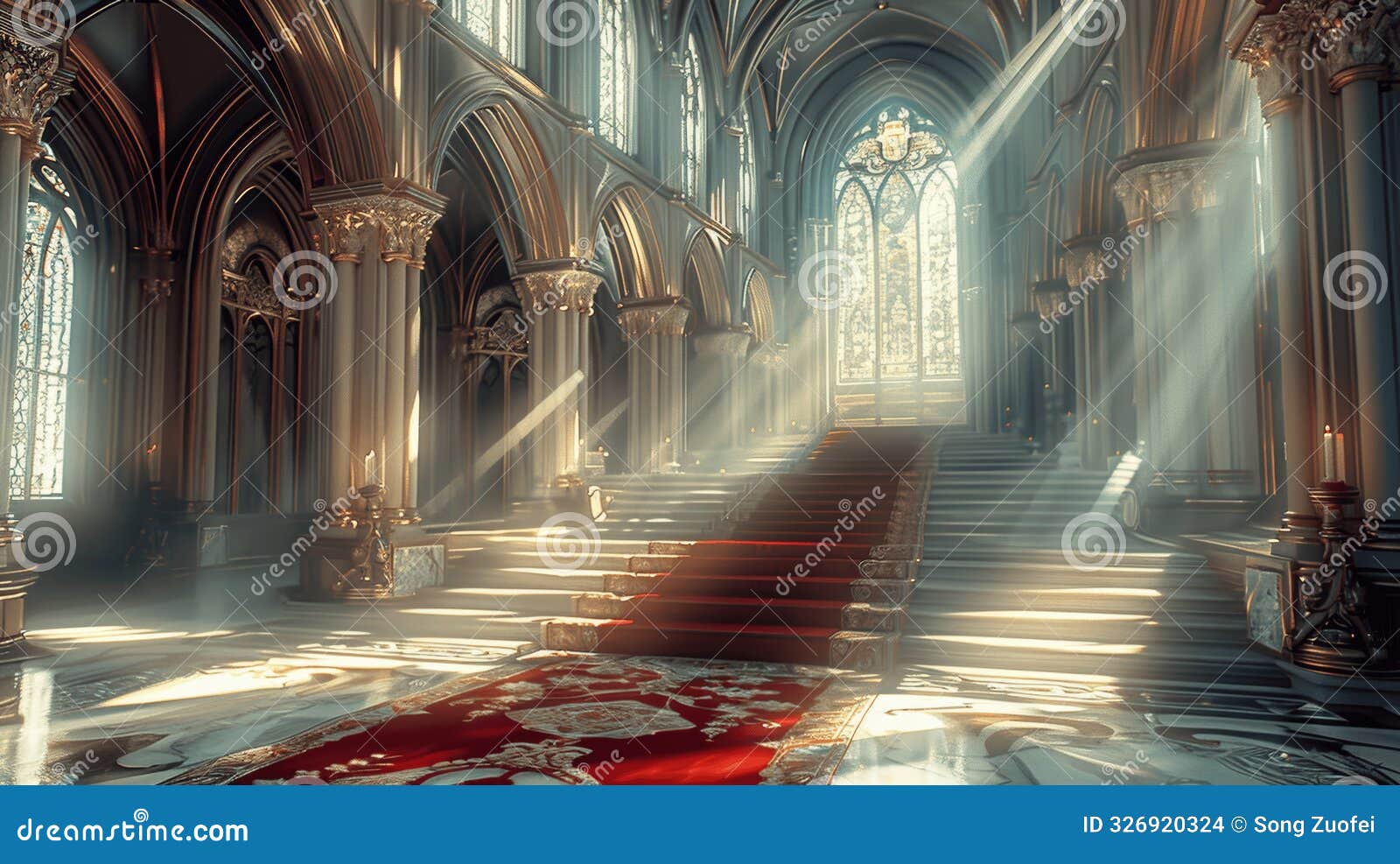 Fantasy Gothic Castle Hall with Arched Ceilings and Marble Floor Stock ...
