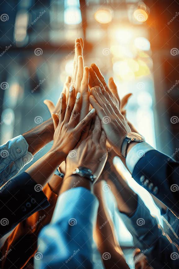 Diverse Hands High-Fiving in Modern Office Setting Stock Illustration ...