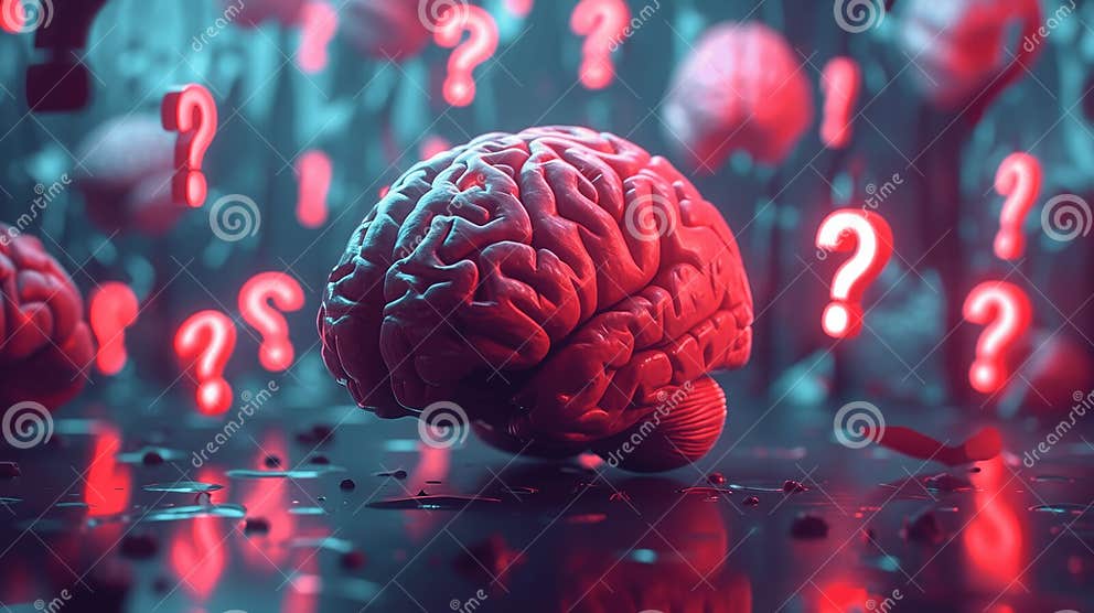 Hyper Realistic Brain Illustration with Question Marks in 3D Stock ...