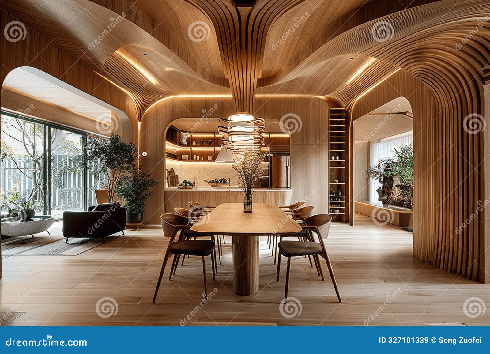 Modern Parametric Dining Room with Curved Wooden Elements Stock ...