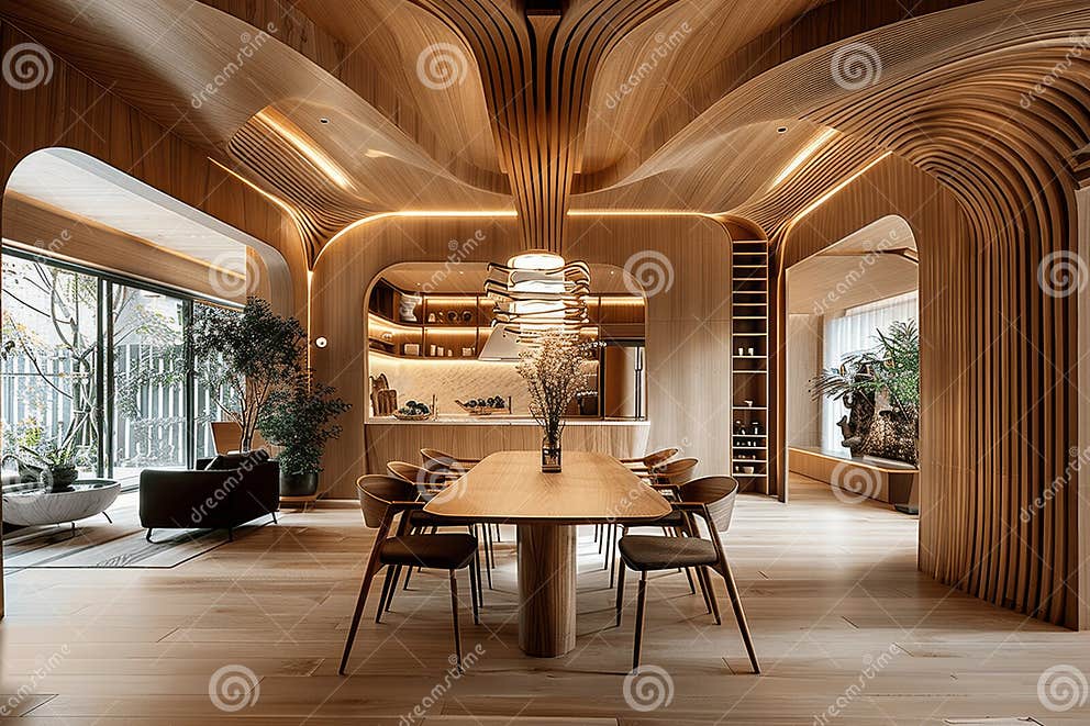 Modern Parametric Dining Room with Curved Wooden Elements Stock ...
