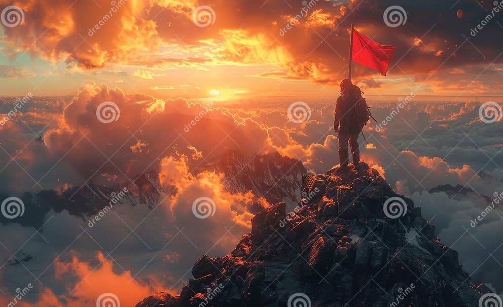 Determined Hiker Scaling Majestic Mountain Peak with Red Flag at Sunset ...