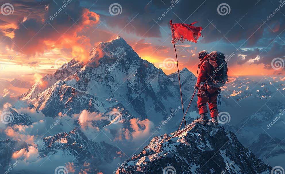 Climber with Backpack Reaching Mountain Summit in Cinematic Light Stock ...
