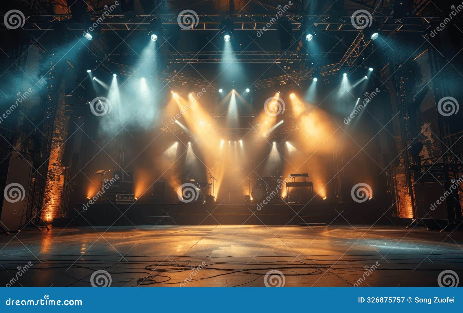 Colorful Lights and Spotlights on Empty Concert Stage, Front View Stock ...