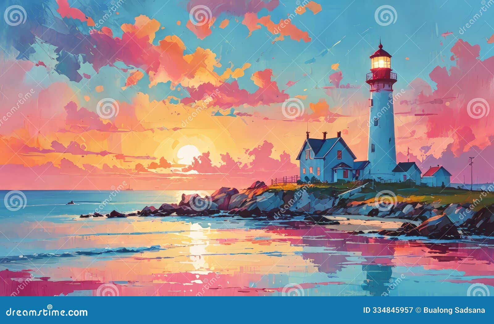 Painting Lighthouse at Sunset Stock Illustration - Illustration of ...