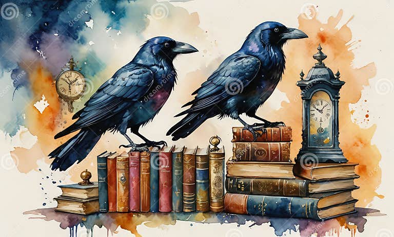 Two Black Crows Sitting on Top Books Stock Illustration - Illustration ...