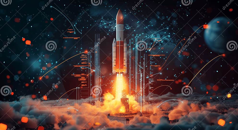 Futuristic Rocket Launch with Data Visualization Stock Illustration ...