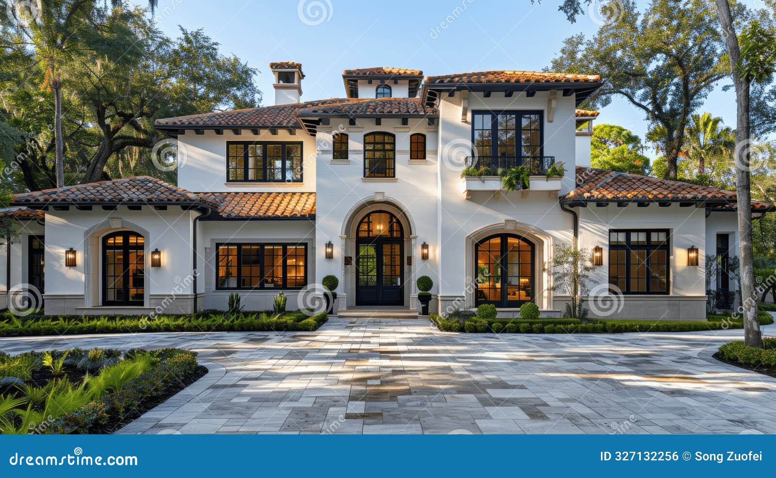 Stunning Spanish Colonial Home with Lush Landscaping in Florida Stock ...
