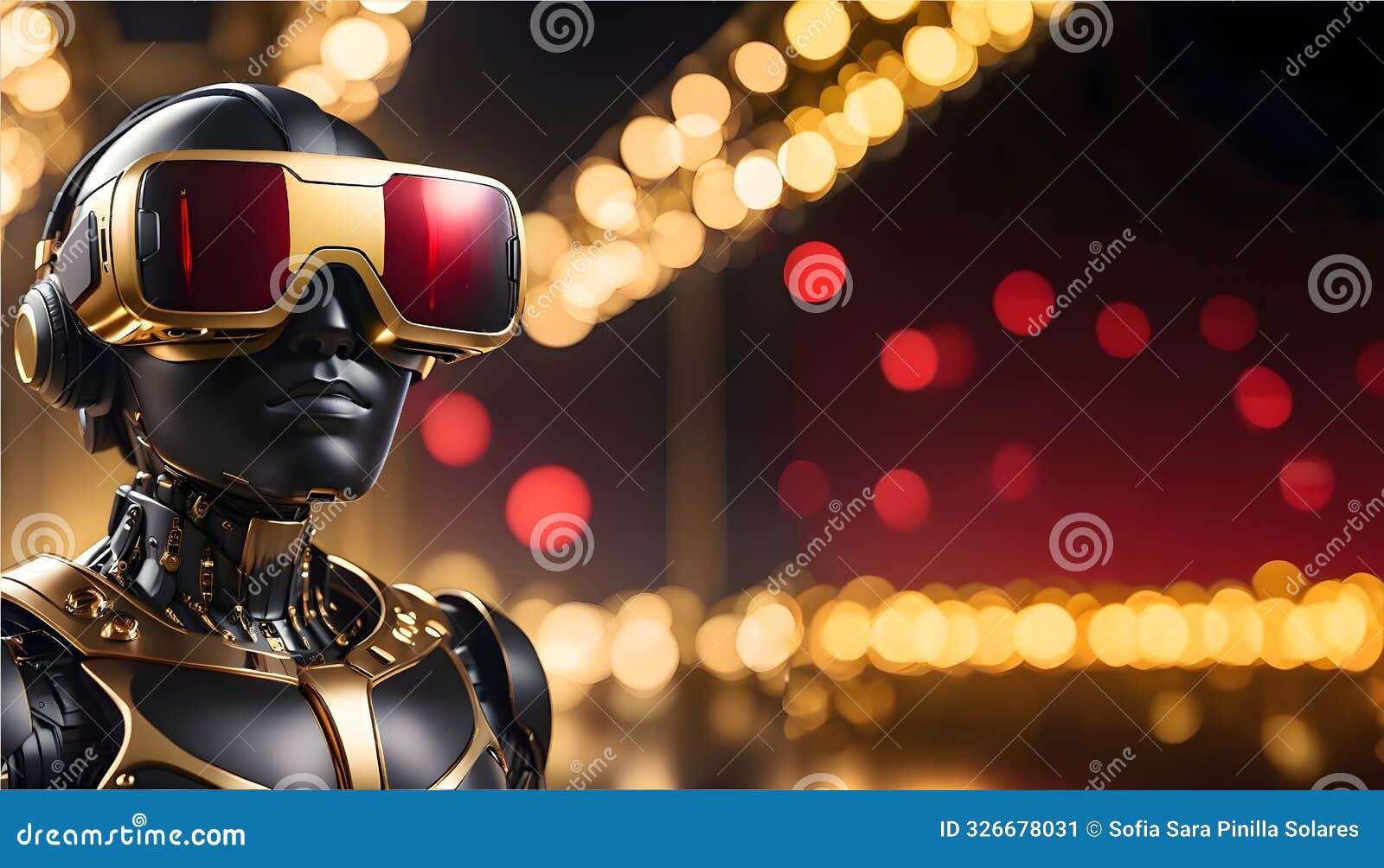 Gold and Black Robot or Android with Golden VR Glasses and Red Bokeh ...