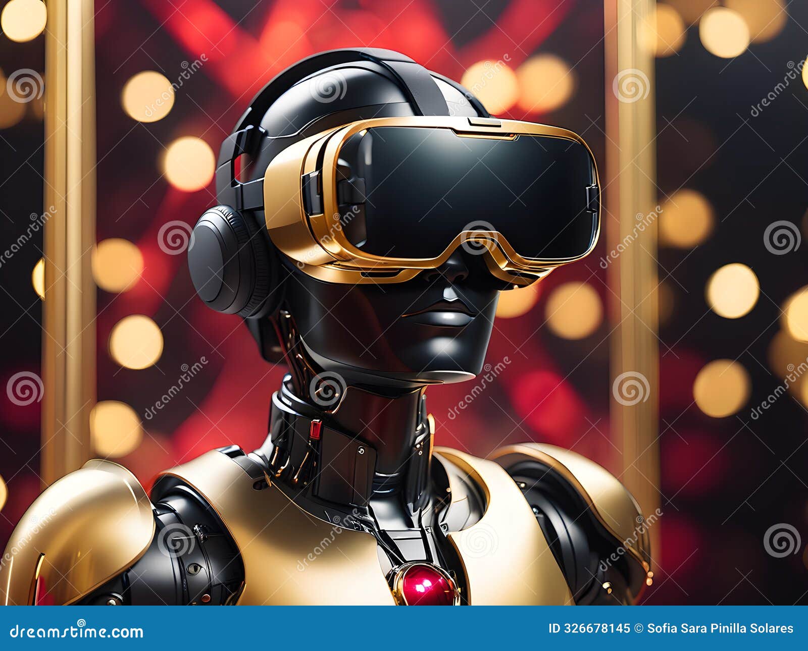 Gold and Black Robot or Android with Golden VR Glasses and Red Bokeh ...
