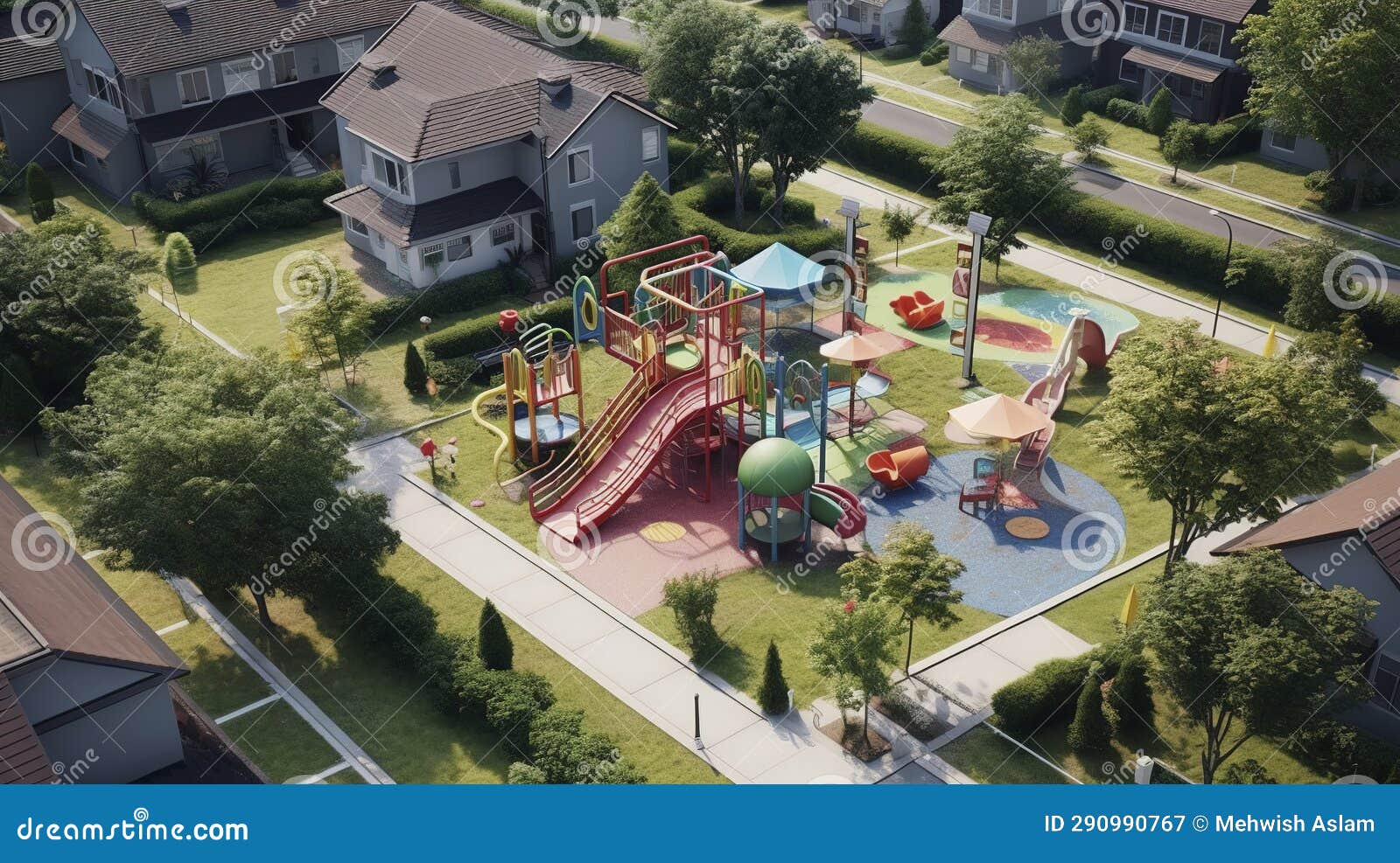 An Aerial View of a Duplex Community with a Playground Stock ...