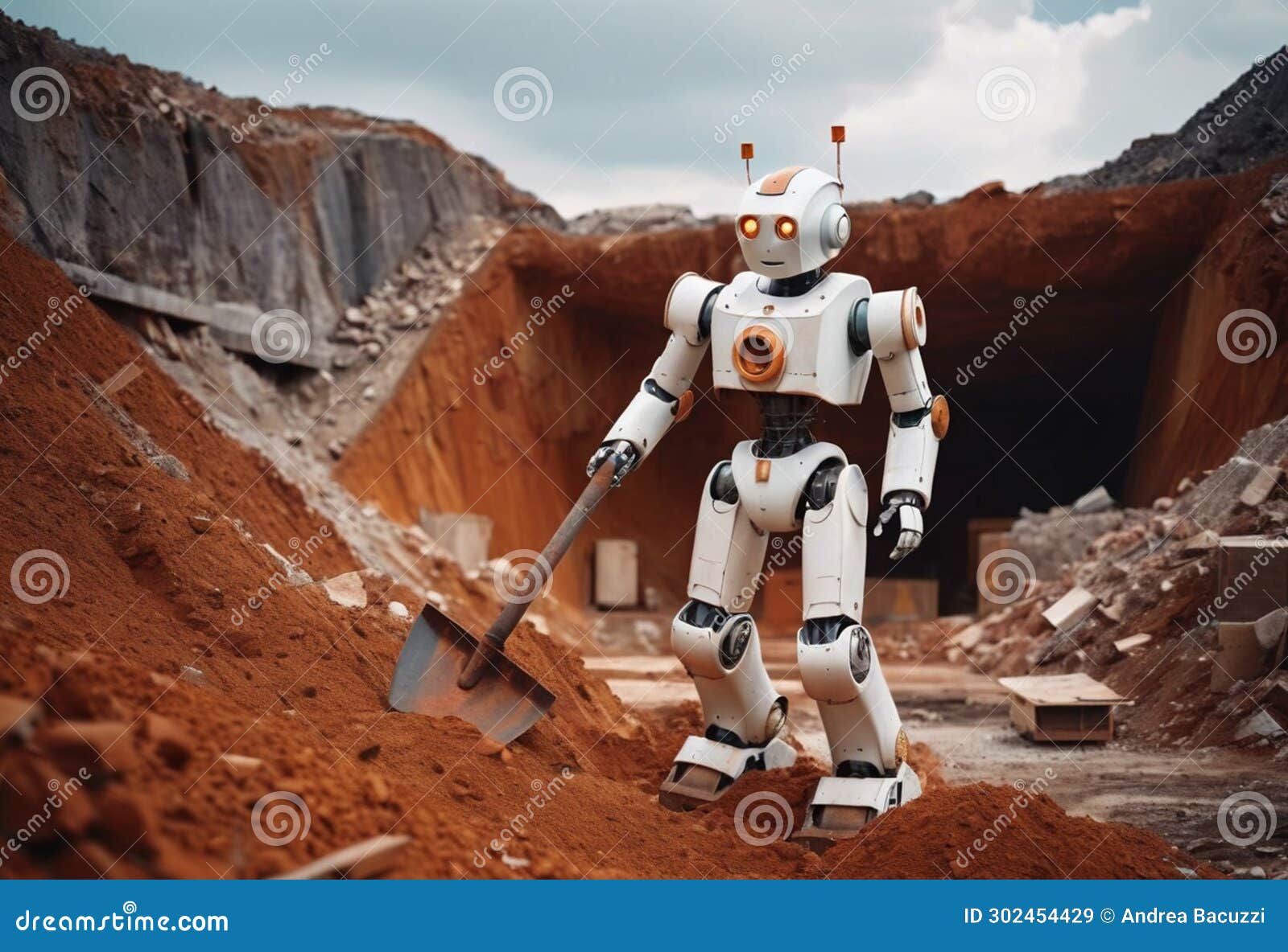Working Robot Holds a Shovel in an Excavation Site Stock Illustration ...