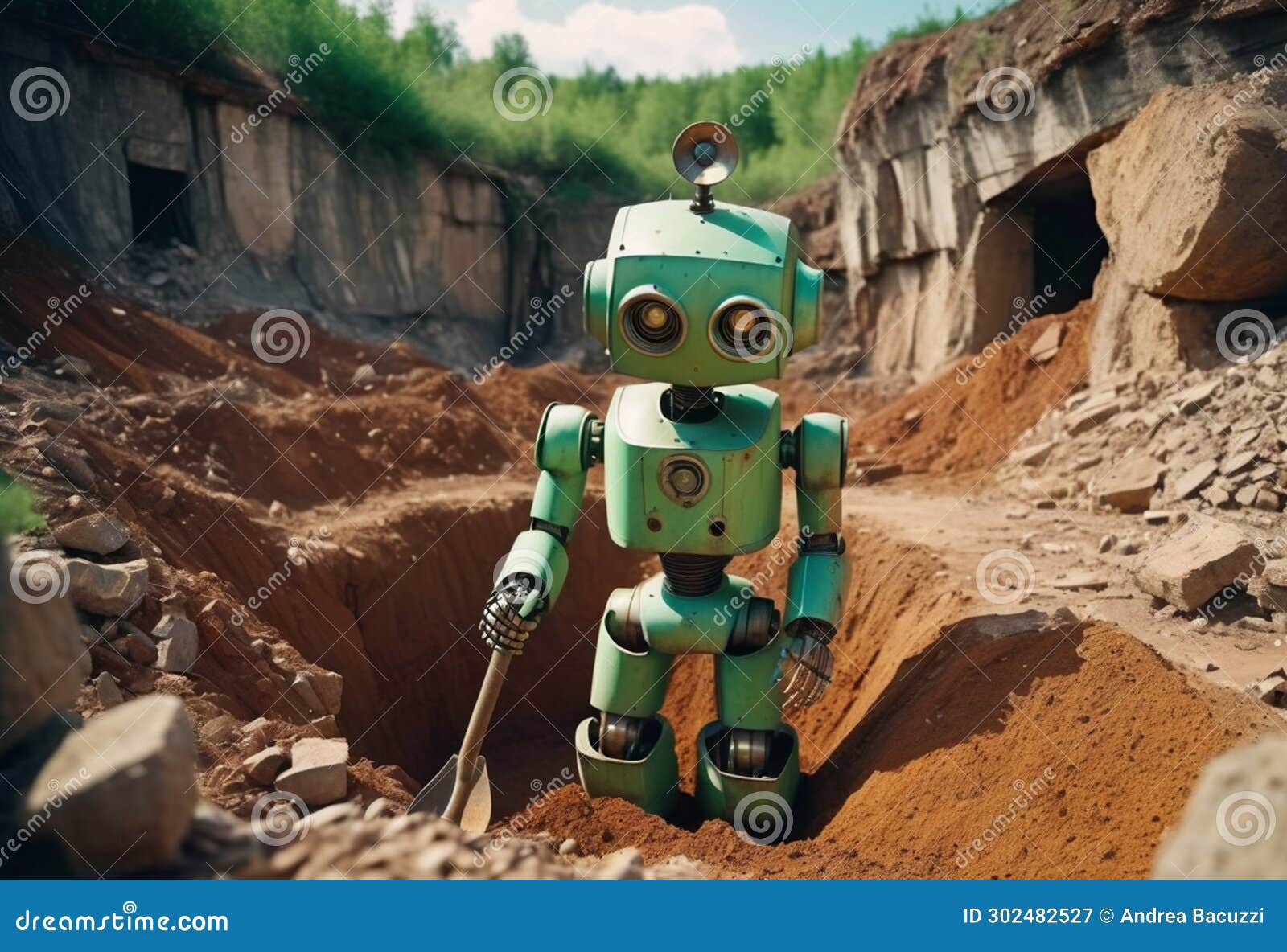 Funny Green Robot Digging a Hole in a Quarry Stock Illustration ...