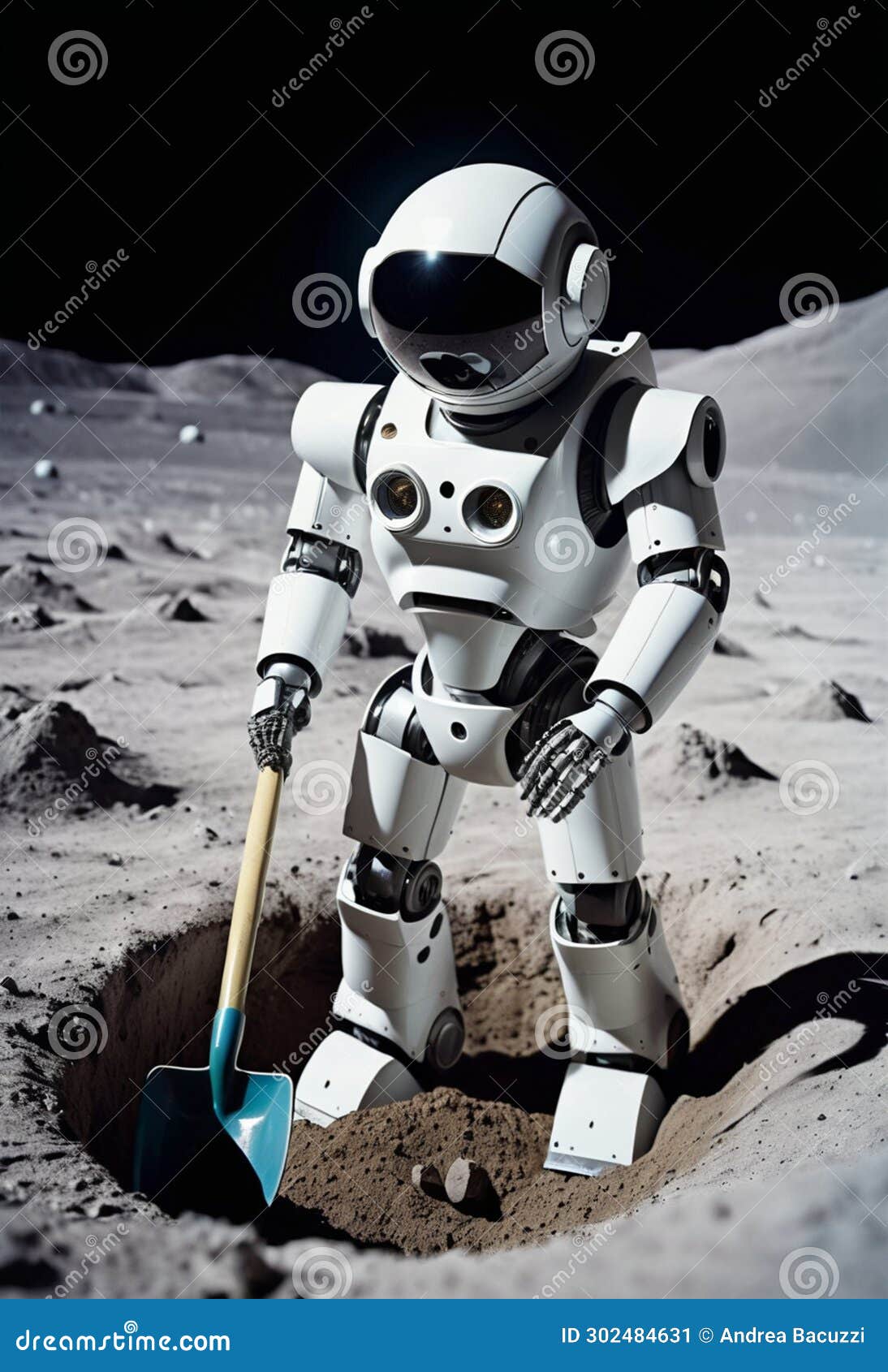 Space Exploration Humanoid Robot Digging a Hole on the Moon Stock ...