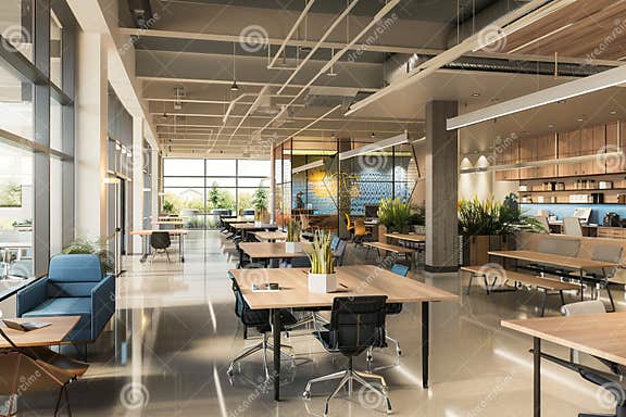 A Collaborative Open Office with Communal Work Tables and Breakout ...